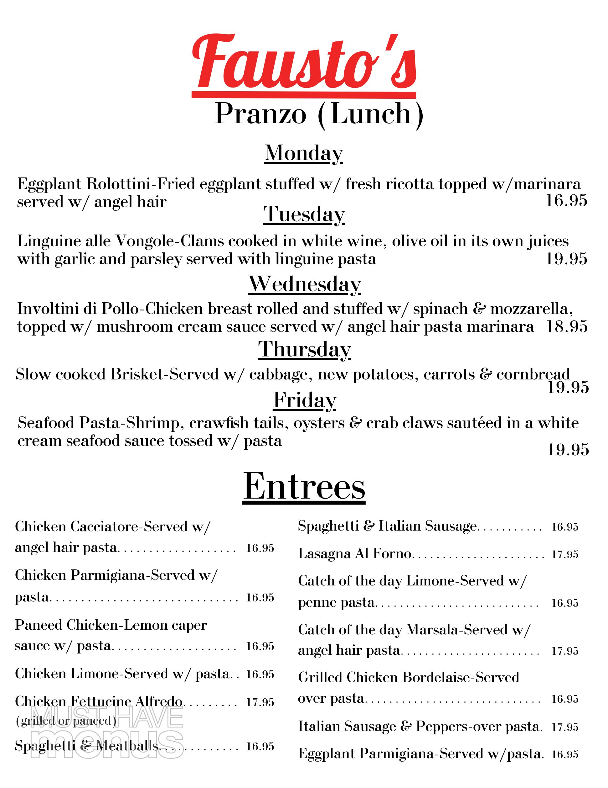 Lunch Menu | Fausto's Bistro – Italian & Sicilian Fine Dining, Metairie ...