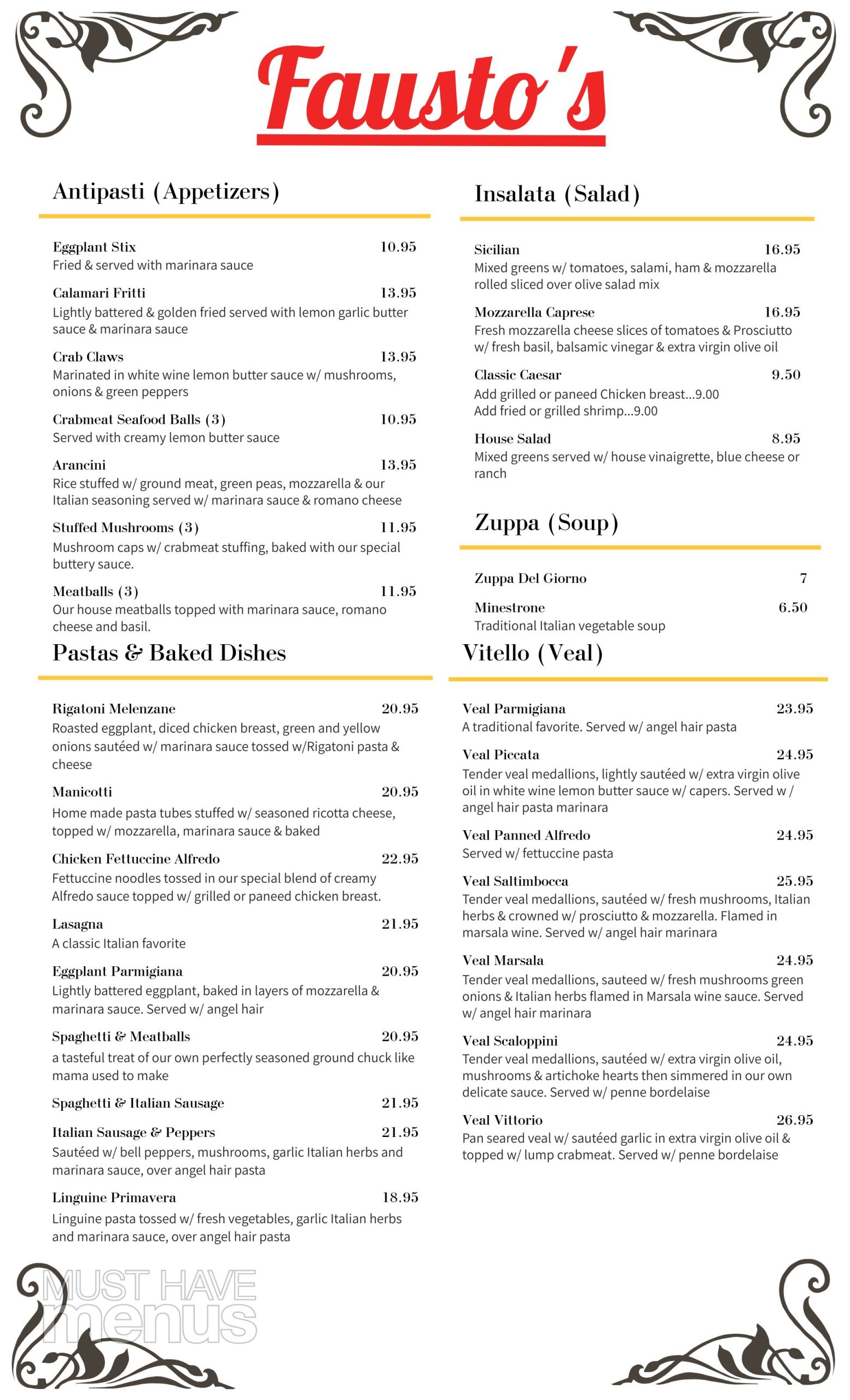 Dinner Menu | Fausto's Bistro – Italian & Sicilian Fine Dining ...