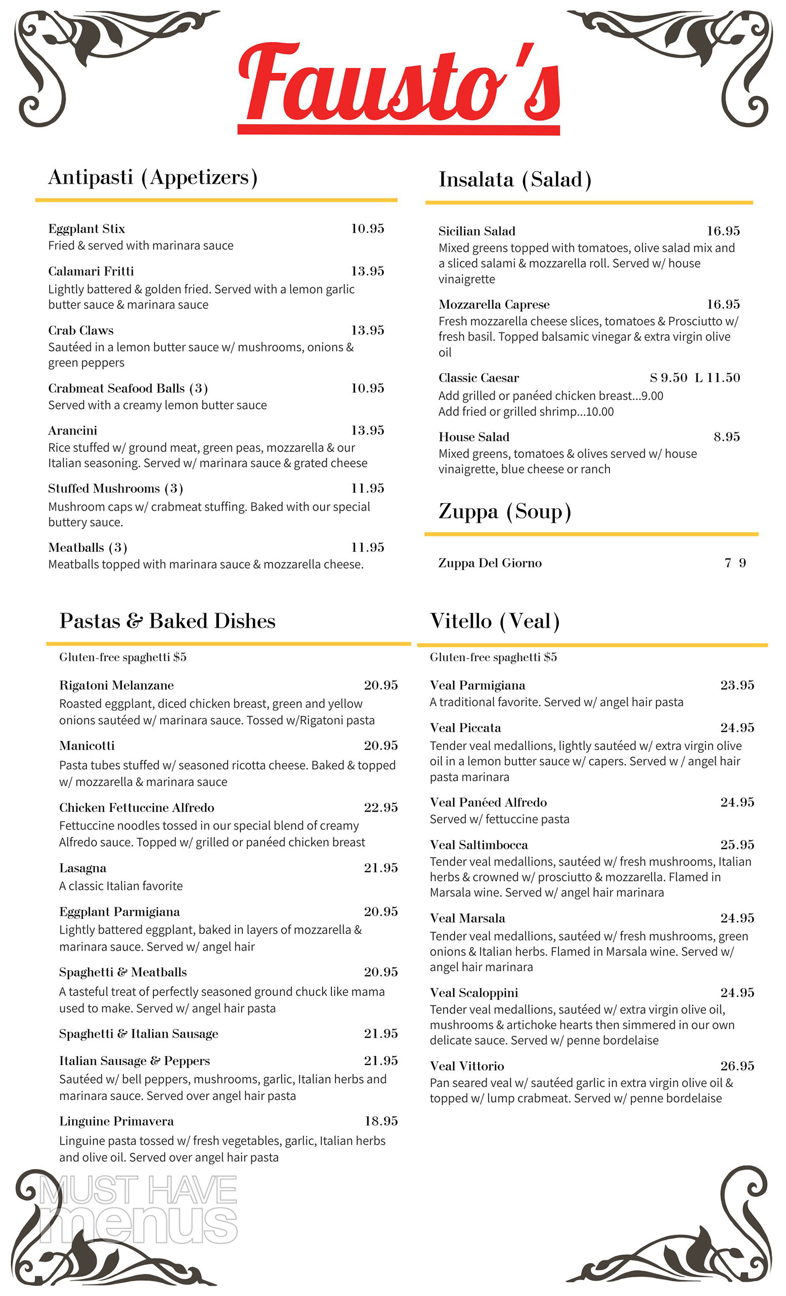 Dinner Menu | Fausto's Bistro – Italian & Sicilian Fine Dining ...